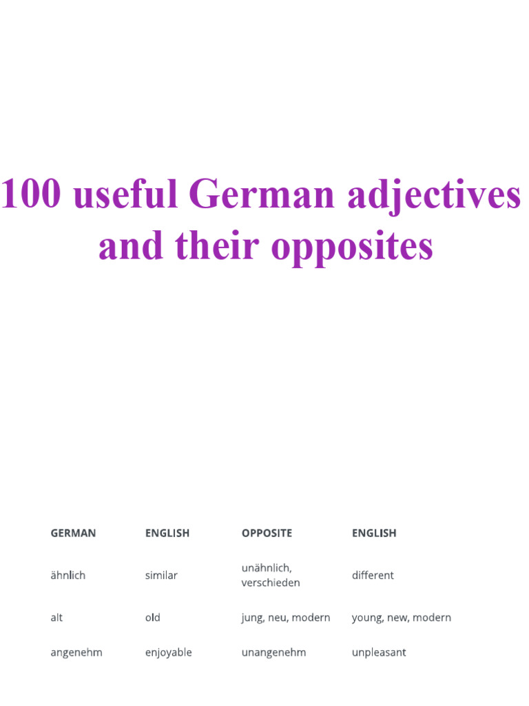100 Useful German Adjectives and Their Opposites2 | PDF