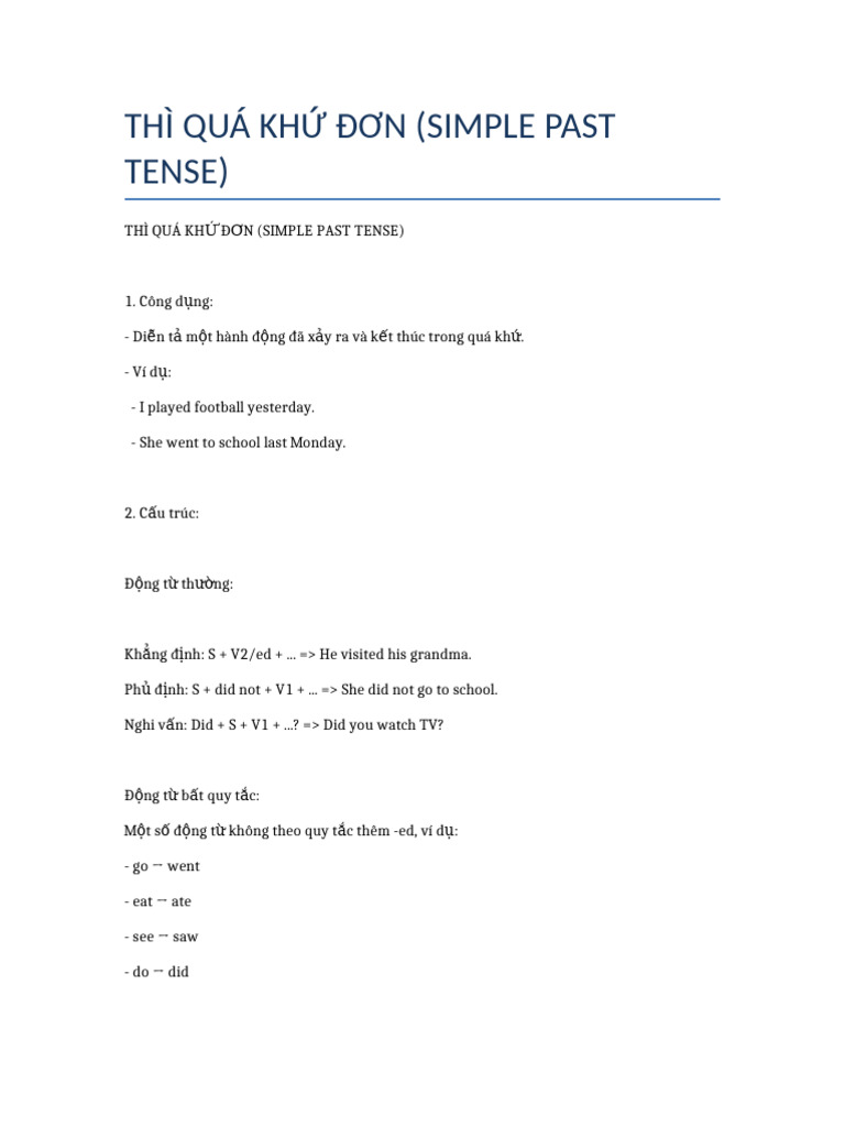 Thi Qua Khu Don Va Tu Vung Tieu Hoc | PDF