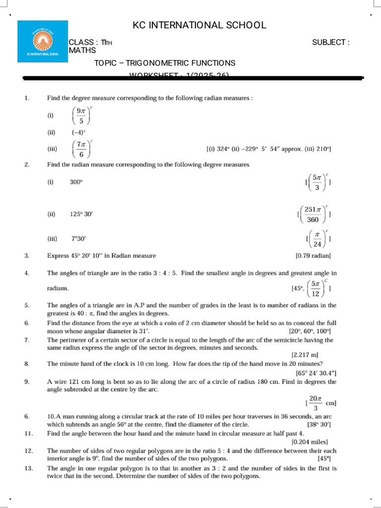 TRIGONOMETRIC FUNCTIONS - WORKSHEET -1 | PDF
