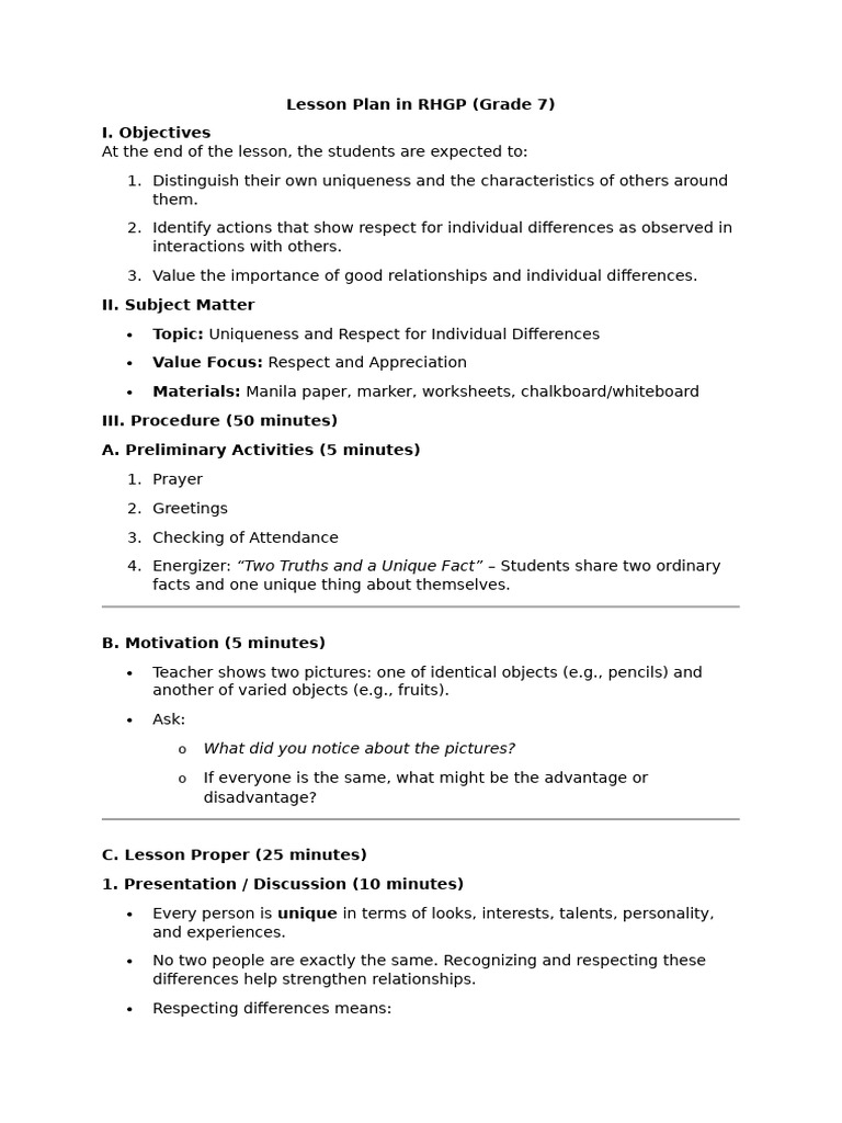 Grade 7 Lesson Plan on Uniqueness & Respect | PDF | Lesson Plan | Human ...