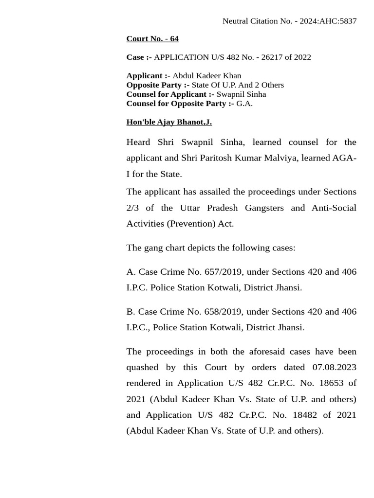 Abdul Kadeer Khan Vs State of Up and 2 Others 2024 Livelaw Ab 29 ...