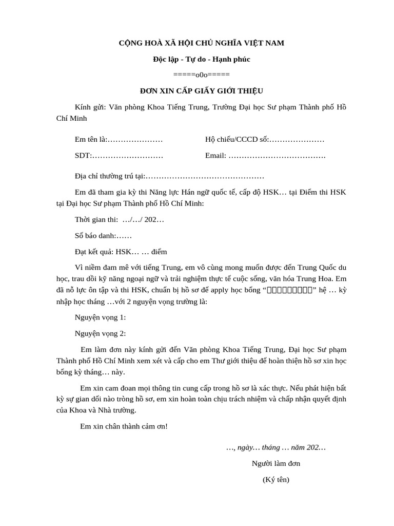 Mau Thu de Nghi Cap Thu Gioi Thieu. SP HCM | PDF