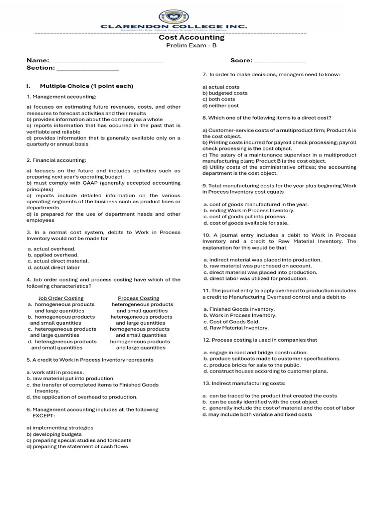 Cost Accounting Prelim Exam Guide | PDF | Cost Of Goods Sold | Inventory