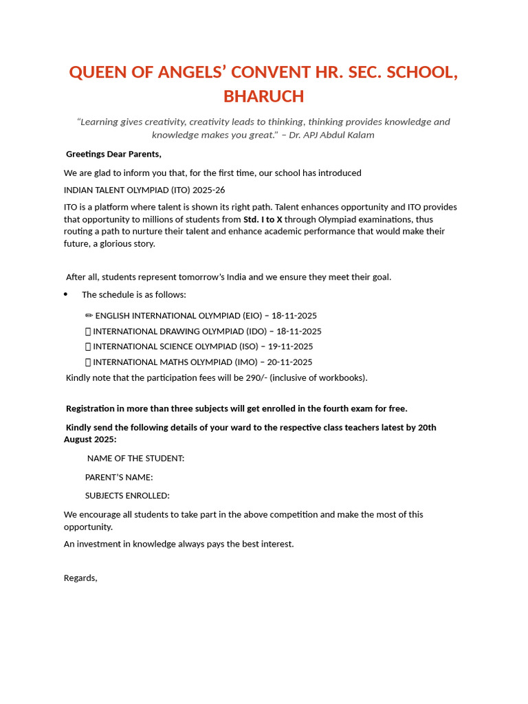 Indian Talent Olympiad 2025 Announcement | PDF