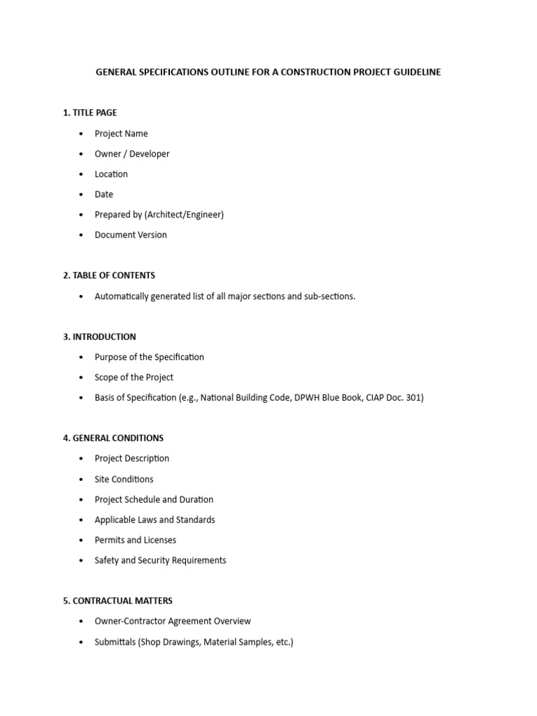 General Specifications Outline For A Construction Project Guideline ...