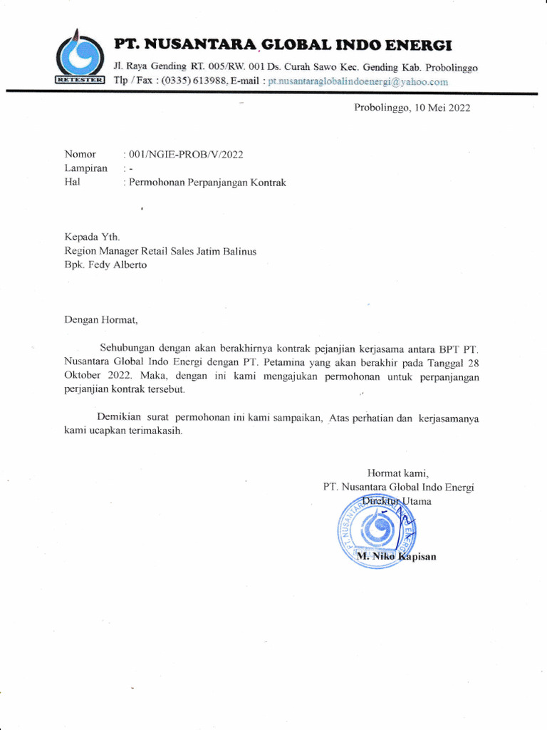 Permohonan Perpanjangan Kontrak NGIE | PDF