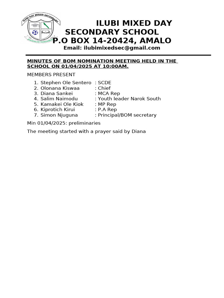 Bom Minutes - Ilubi Sec School | PDF