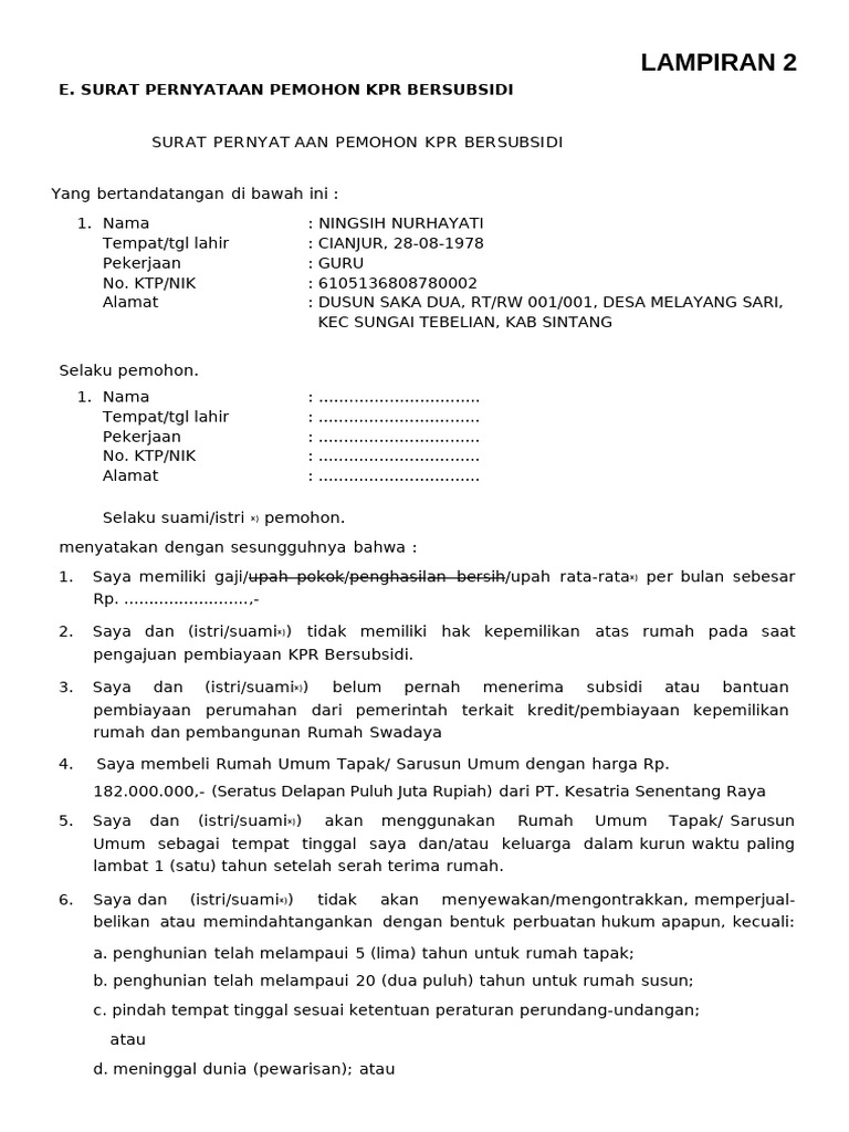 Lampiran 2 - Format E Surat Pernyataan Pemohon KPR Bersubsidi Ok | PDF
