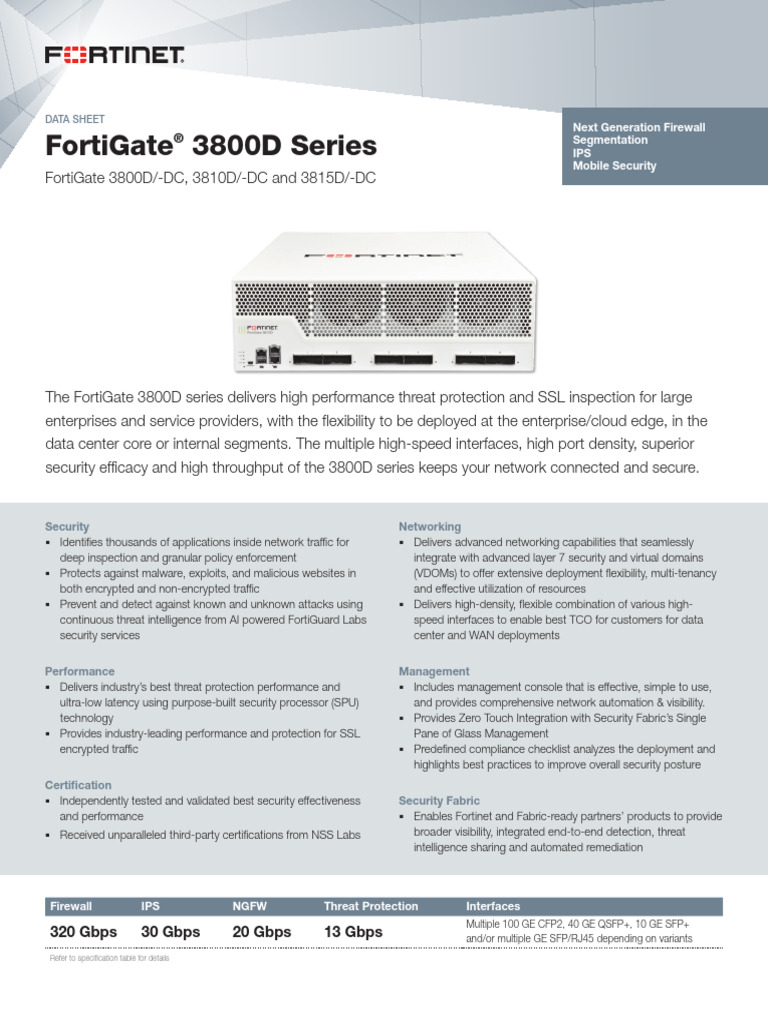 Fortinet Fortigate 3800d Datasheet | PDF | Computer Security | Security