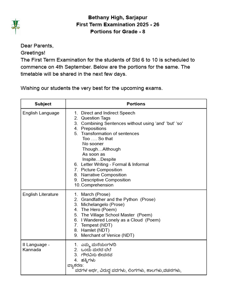 First Term Examination Grade 8 Portions | PDF | Chemistry