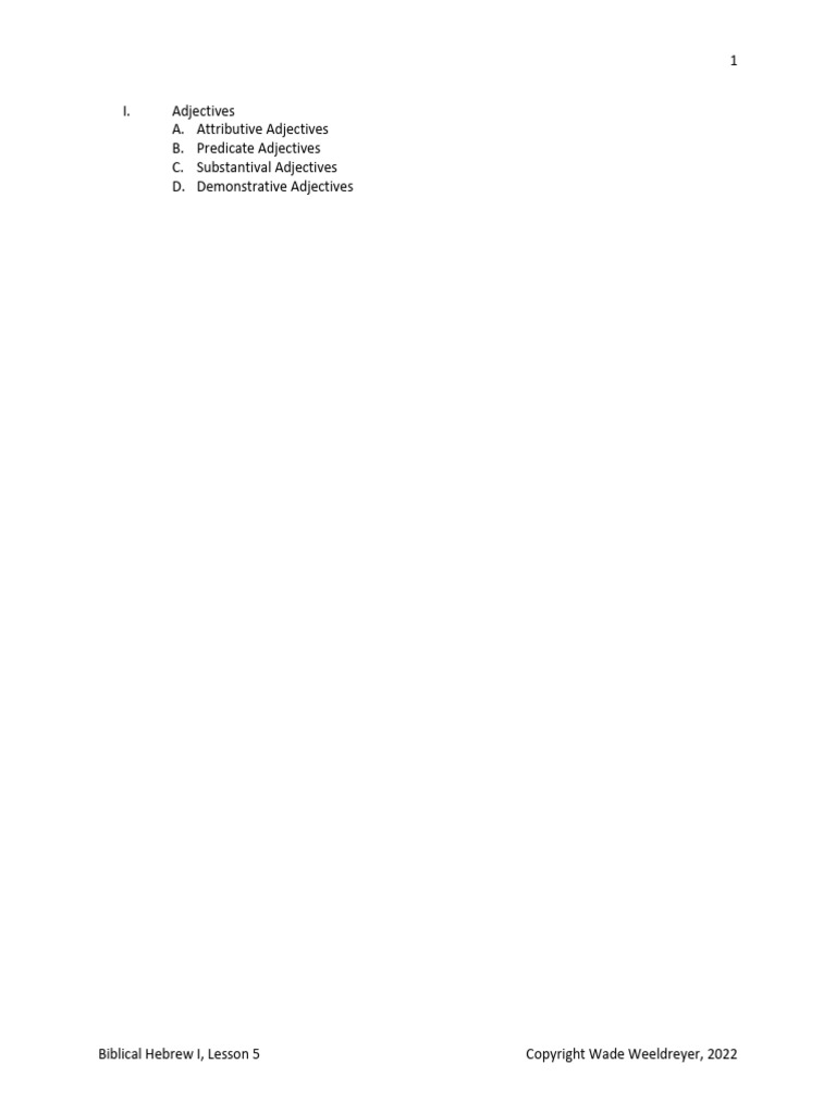 Biblical Hebrew I, Lesson 5, Adjectives | PDF | Adjective | Grammatical ...