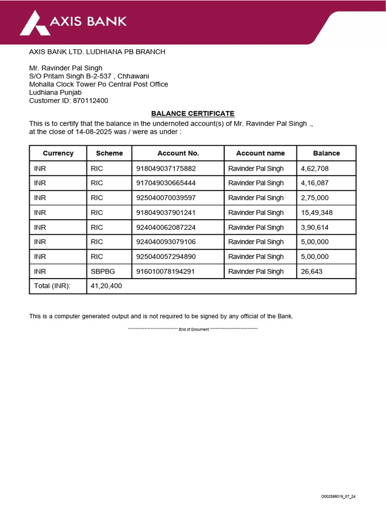 Axis Bank Balance Certificate for Ravinder Singh | PDF