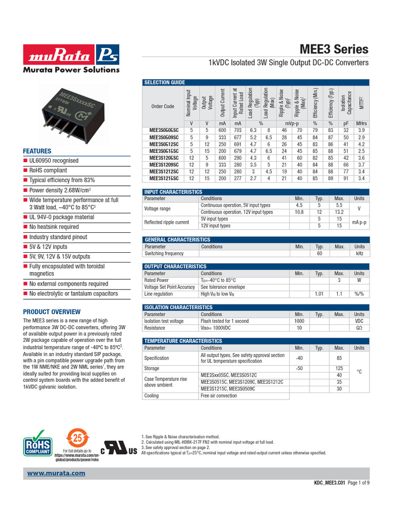 MEE3 1kVDC 3W DC-DC Converter Specs | PDF | Inductor | Electricity