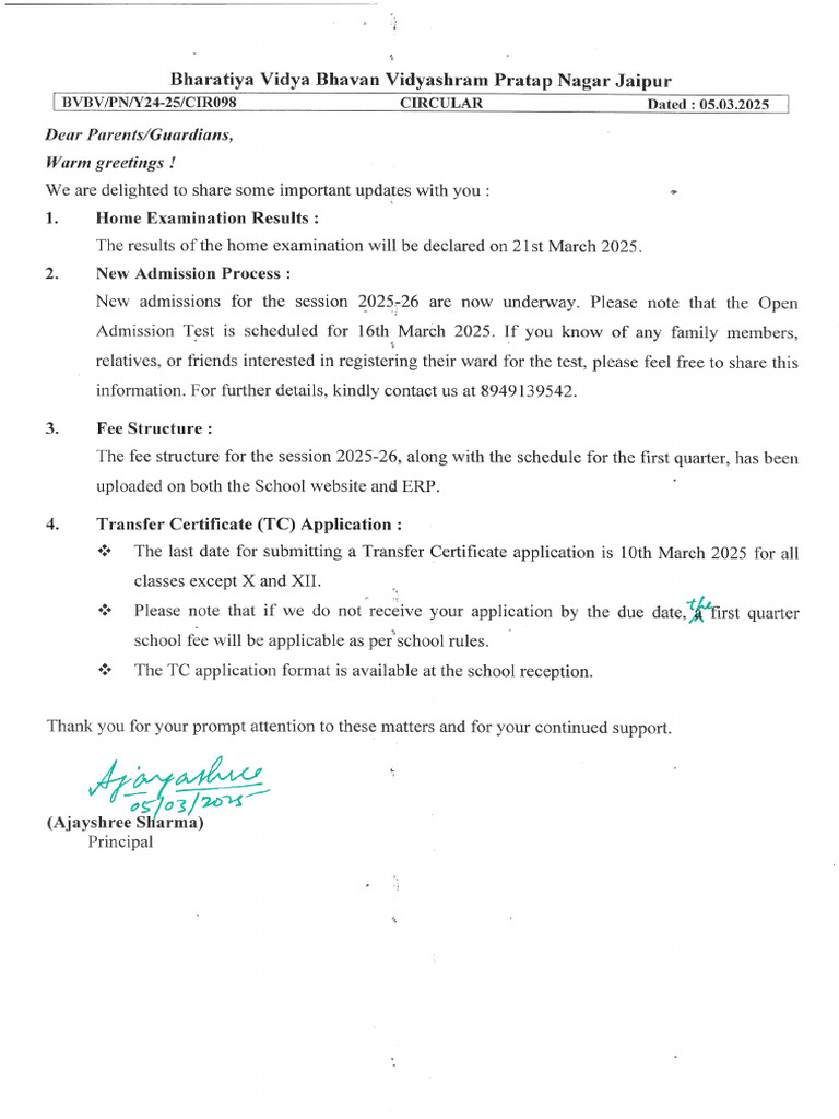 Circular Important School Updates - Examination Results Admissions Fee ...