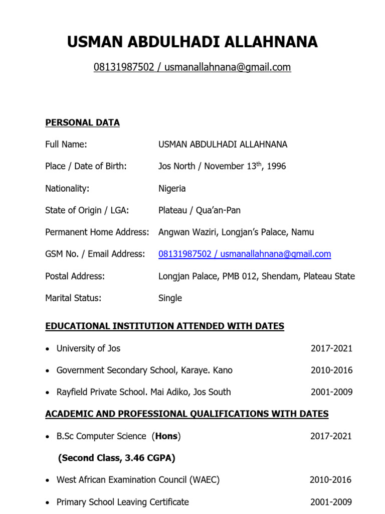 USMAN ABDULHADI ALLAHNANA's CV | PDF