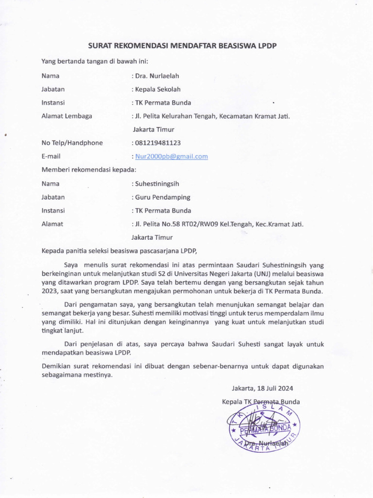 Surat Rekomendasi Beasiswa | PDF