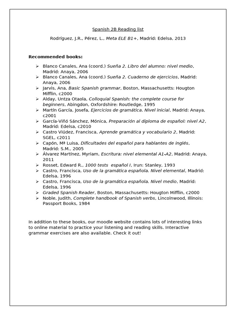 Spanish 2B Reading List | PDF
