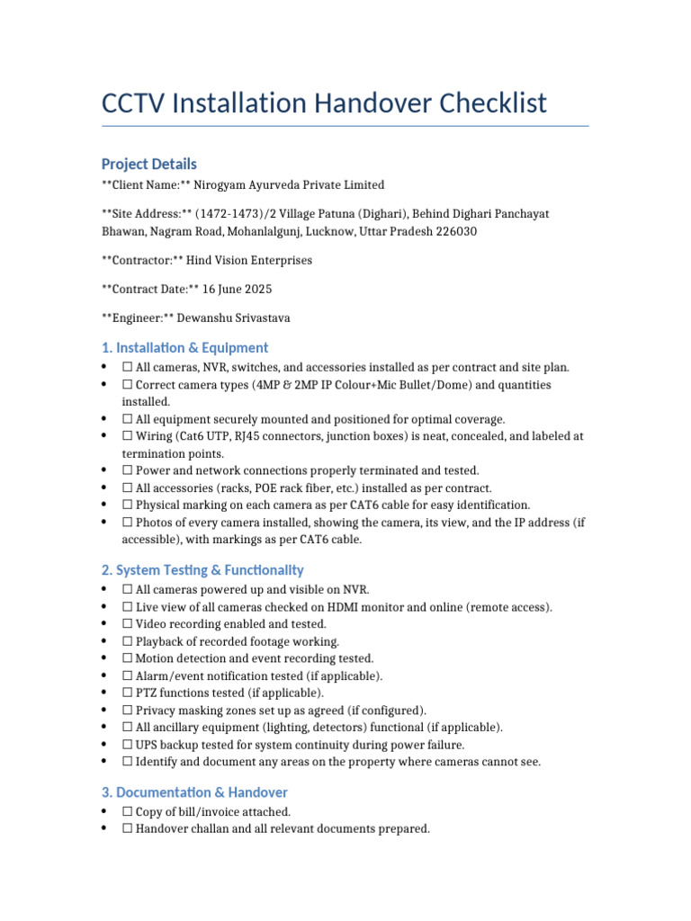 CCTV Installation Handover Checklist | PDF | Closed Circuit Television ...