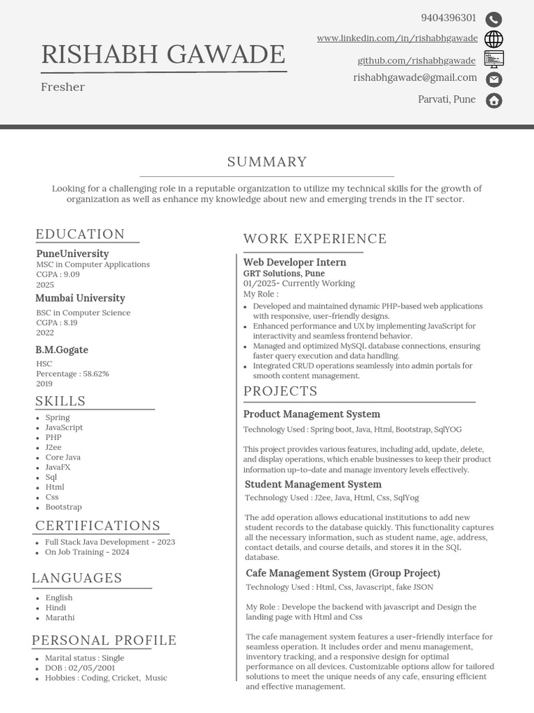 Resume Rishabh Gawade | PDF | Java Script | Databases