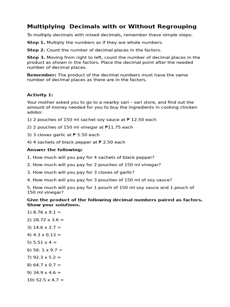 Multiplying Decimals With or Without Regrouping Notes and Activity | PDF