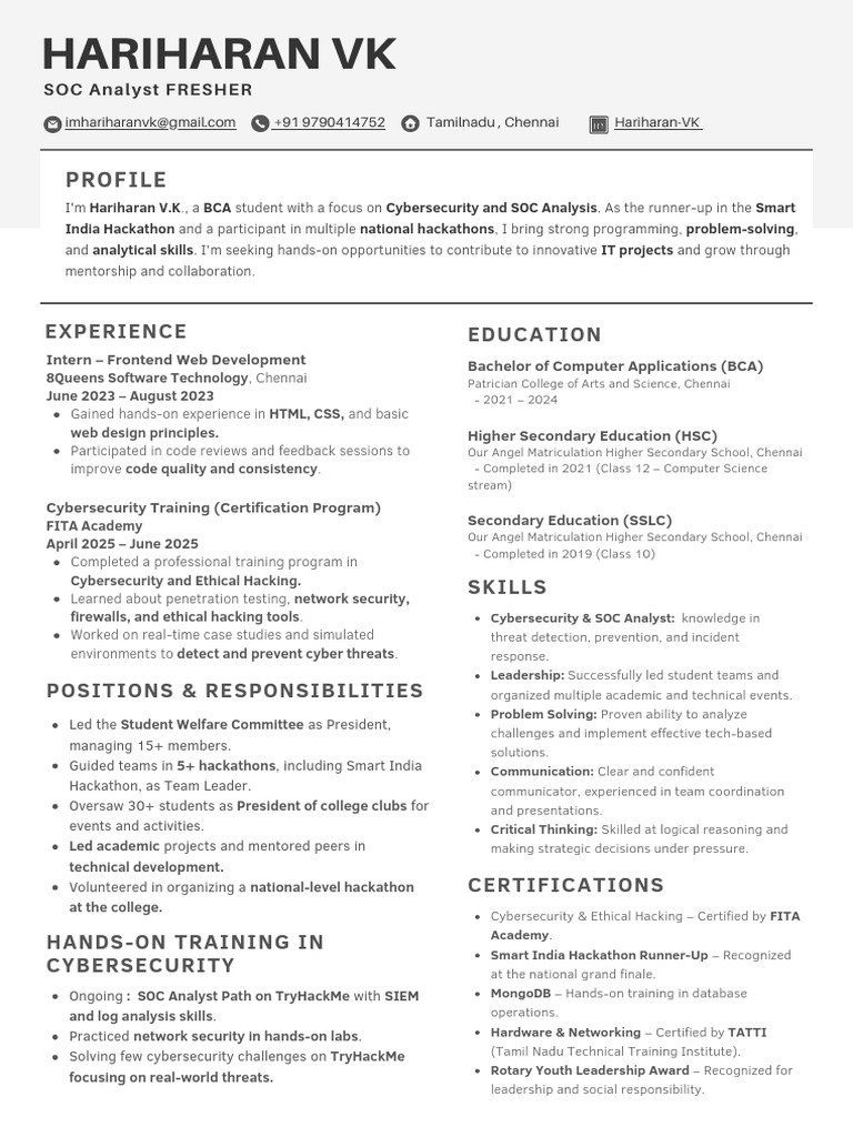 HARIHARAN VK Cybersecurity and SOC Analyst FRESHER Resume - 2025 | PDF | Computer Security ...
