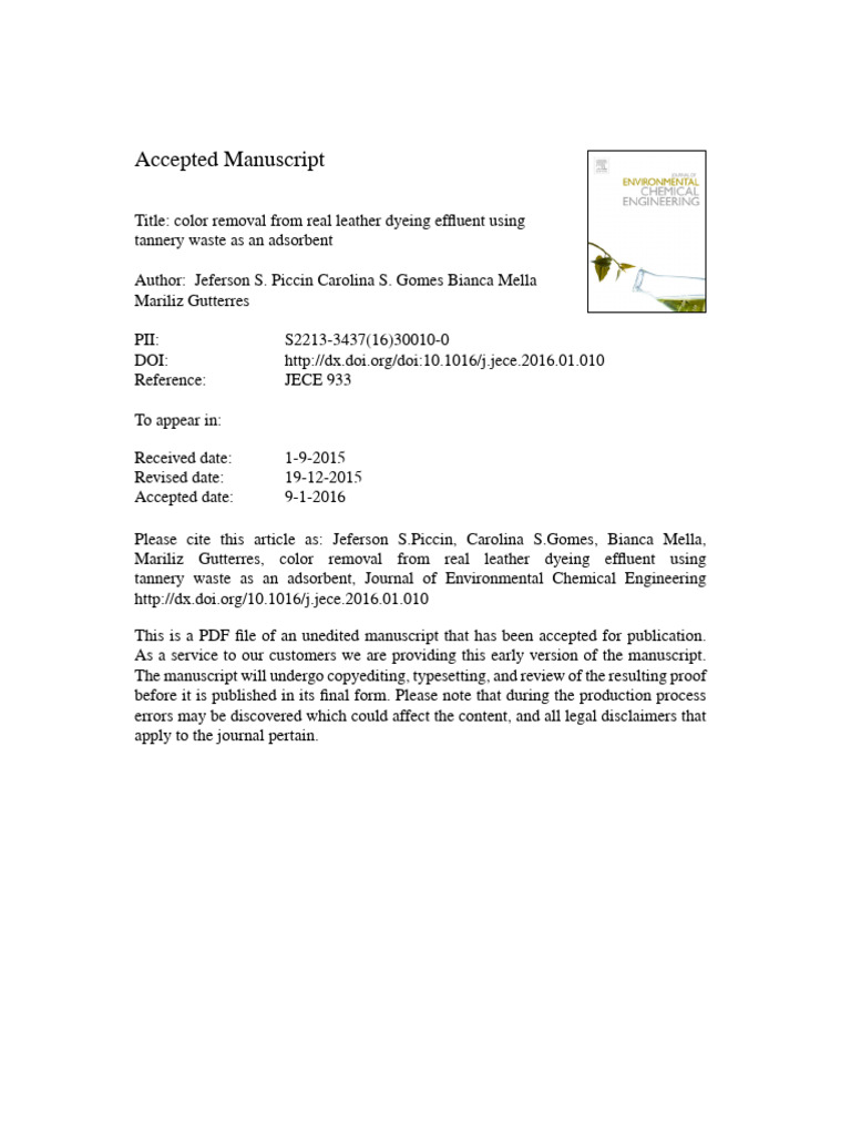 2016 Piccin Color Removal From Real Leather Dyeing Effluent Using Tannery Waste | PDF | Analysis ...
