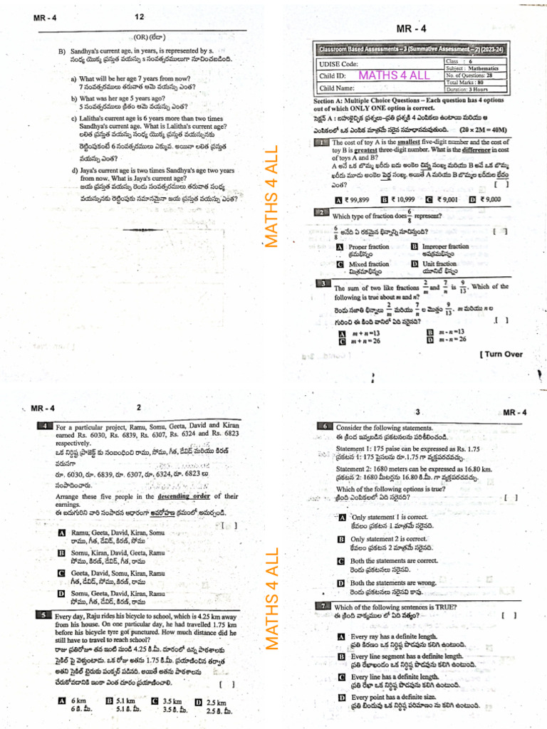 6th CBA3 Maths QP (2023-24) | PDF