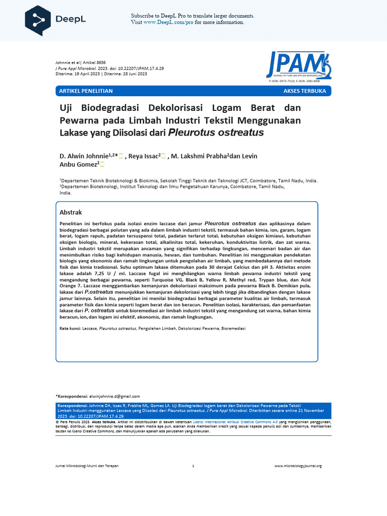 Laccase P. ostreatus untuk Biodegradasi Limbah Tekstil | PDF