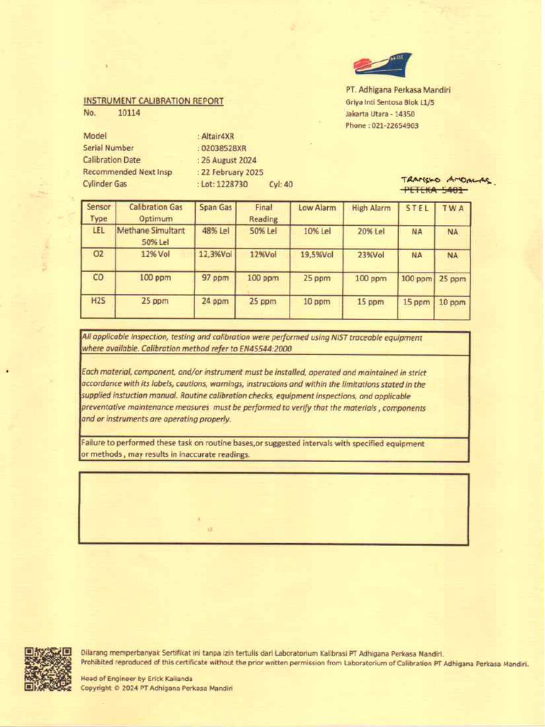 Certificate Calibration Gas Detector. (Altair4XR) | PDF