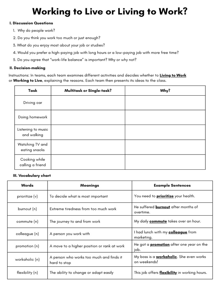 Working To Live or Living To Work - Intermediate - Worksheet | PDF