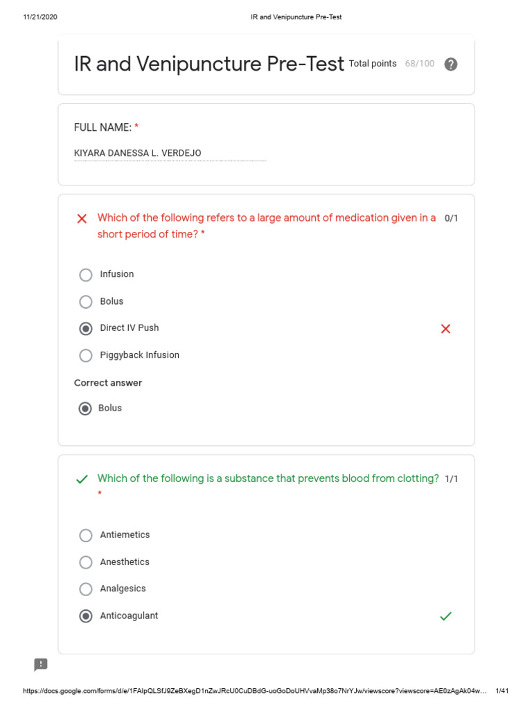 IR and Venipuncture Pre-Test Questions | PDF | Circulatory System | Vein