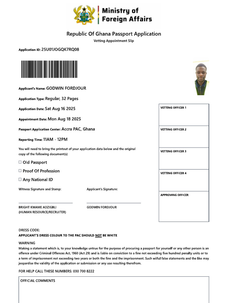 Godwin Fordjour Passport Application | PDF