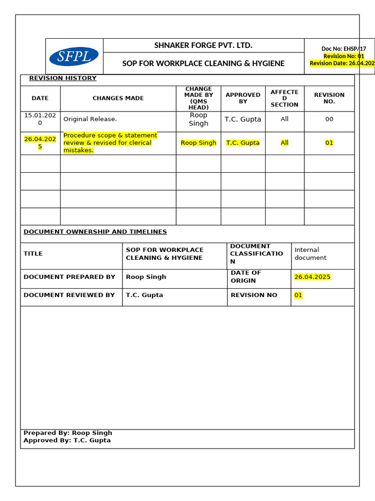 SOP for Workplace Cleaning & Hygiene | PDF | Hygiene | Hand Washing