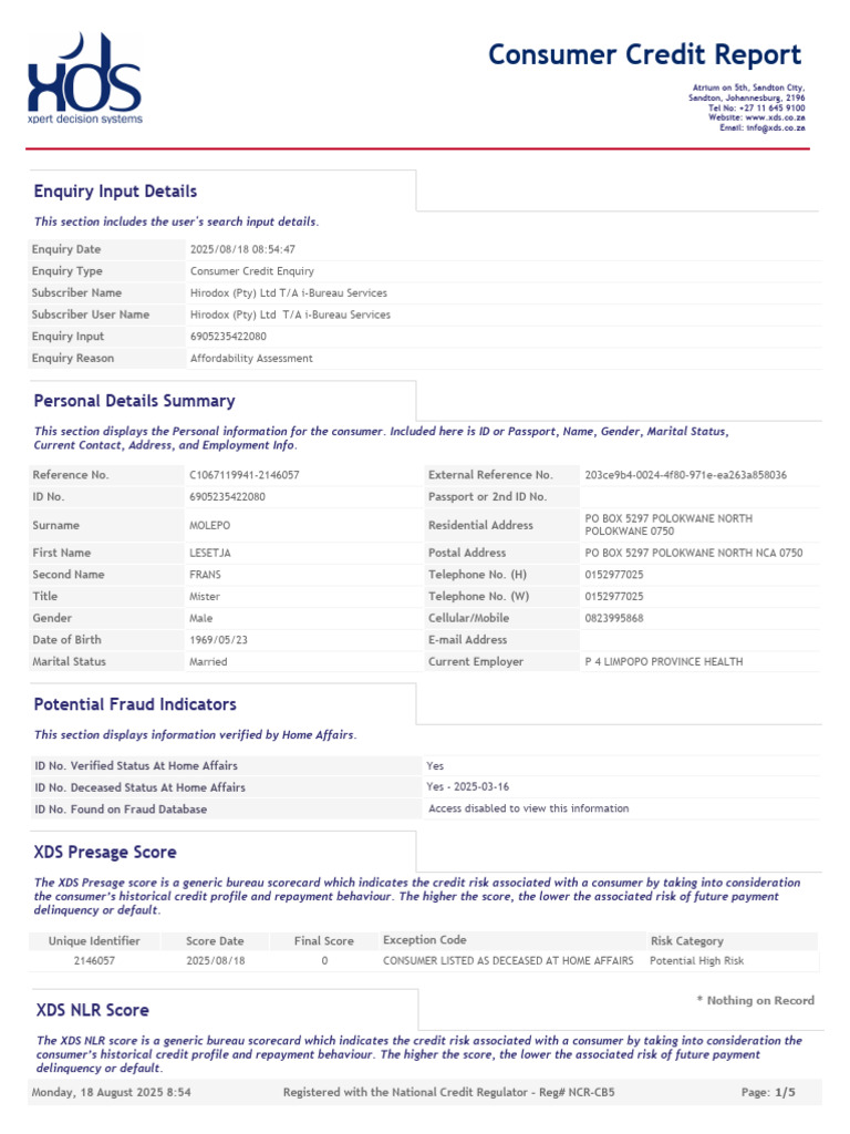 Consumer Credit Report: Enquiry Input Details | PDF | Loans | Credit