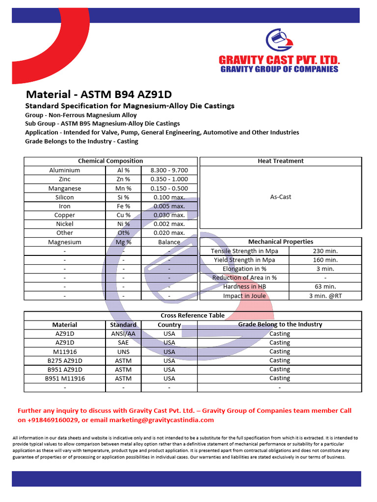 ASTM B94 AZ91D Magnesium Alloy Specs | PDF | Mechanical Engineering ...