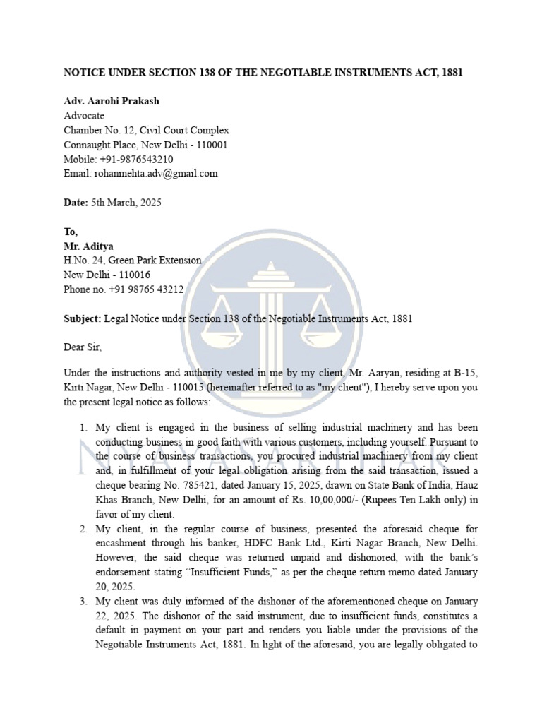 Legal Notice U - S 138 of NI Act, 1881 | PDF | Private Law | Common Law