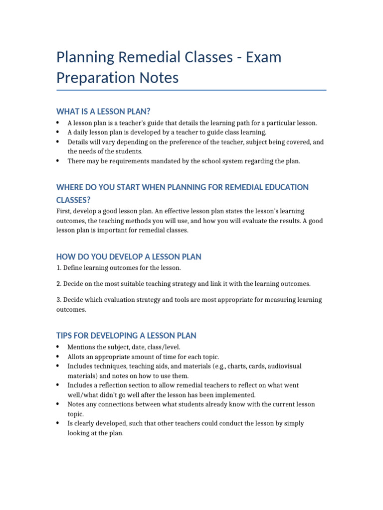 Remedial Class Planning Notes | PDF | Lesson Plan | Teachers