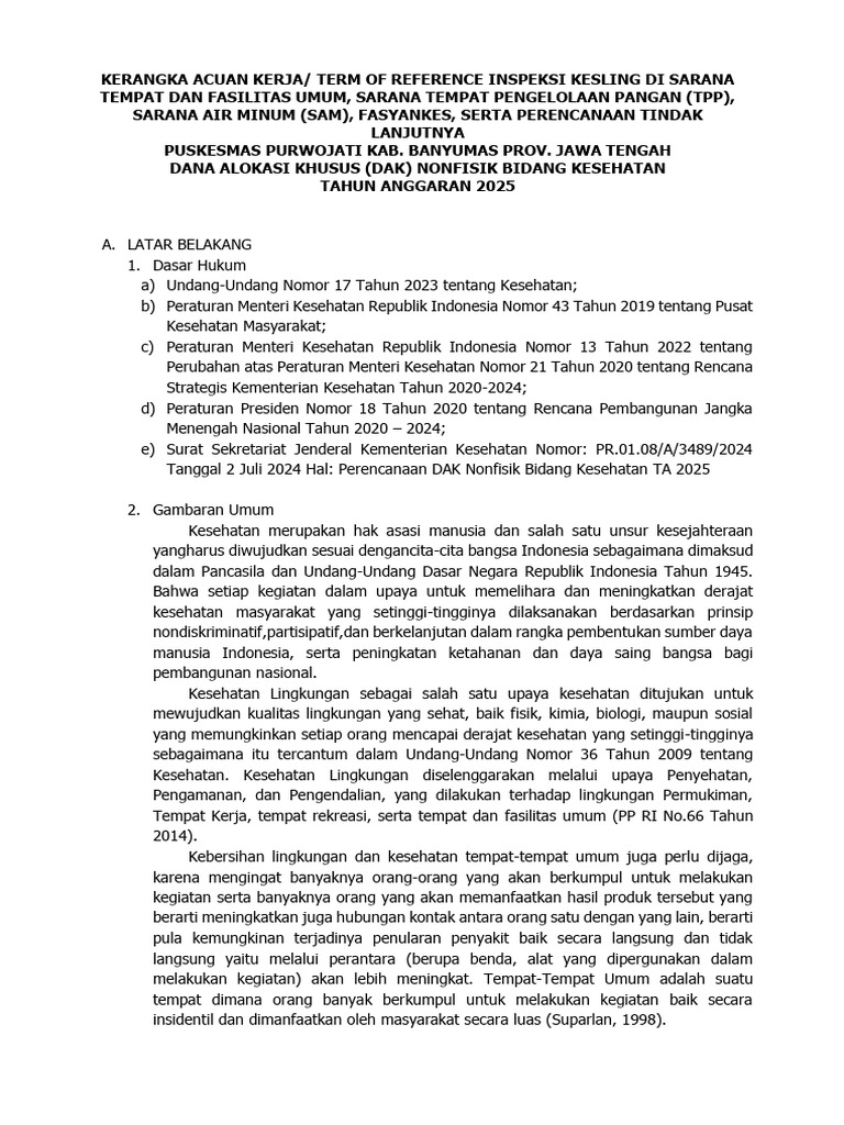 3.09 - ToR PKM PURWOJATI - Inspeksi Kesling Di Sarana Tempat Dan Fasilitas Umum, Sarana Tempat ...