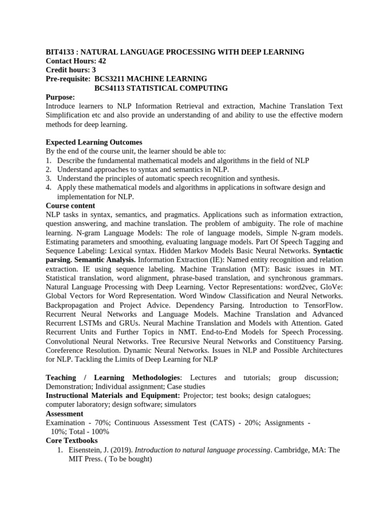 NLP Course Outline and Learning Goals | PDF | Deep Learning | Semantics