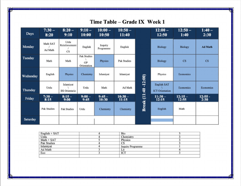 Time Table - Grade IX Week 1 | PDF