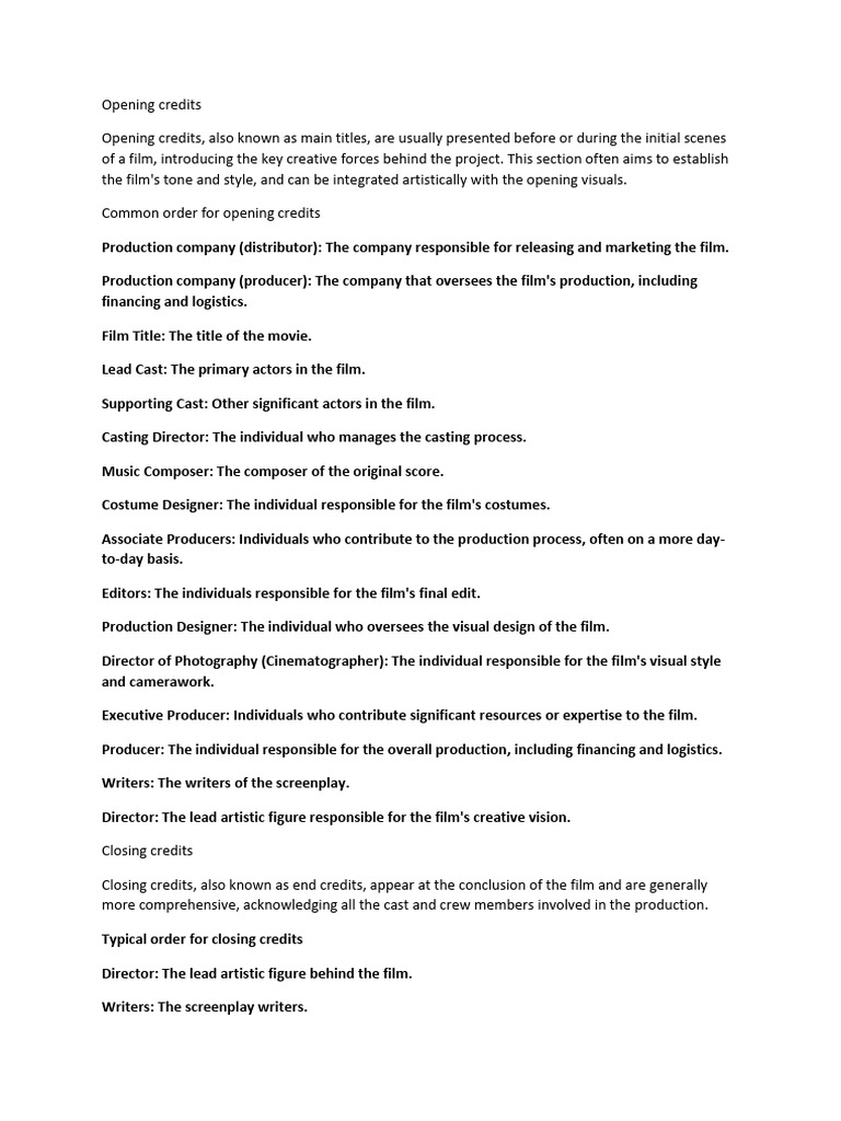 Opening Credits Order Explained | PDF | Film Director