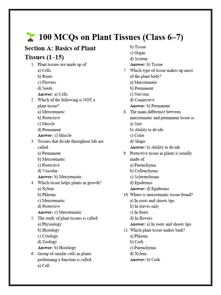 100 MCQs on Plant Tissues for Kids | PDF | Tissue (Biology) | Plant Stem