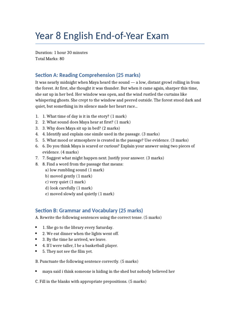 Year 8 English End Year Exam | PDF