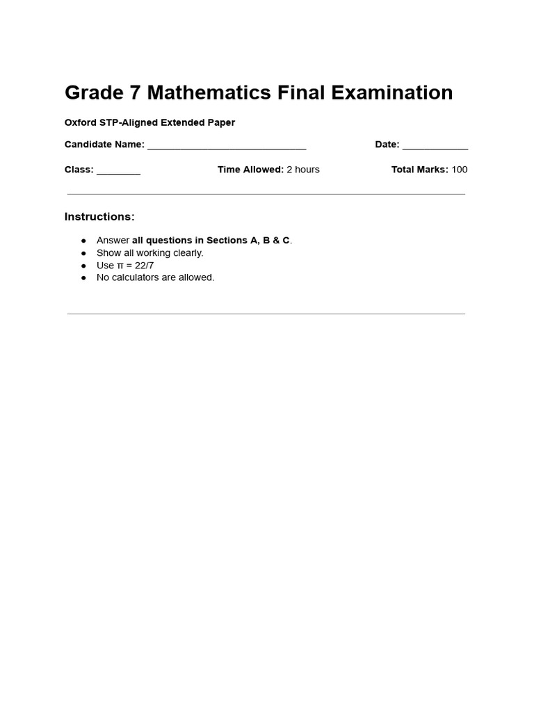 Grade 7 Mathematics Final Examination | PDF | Area | Circle