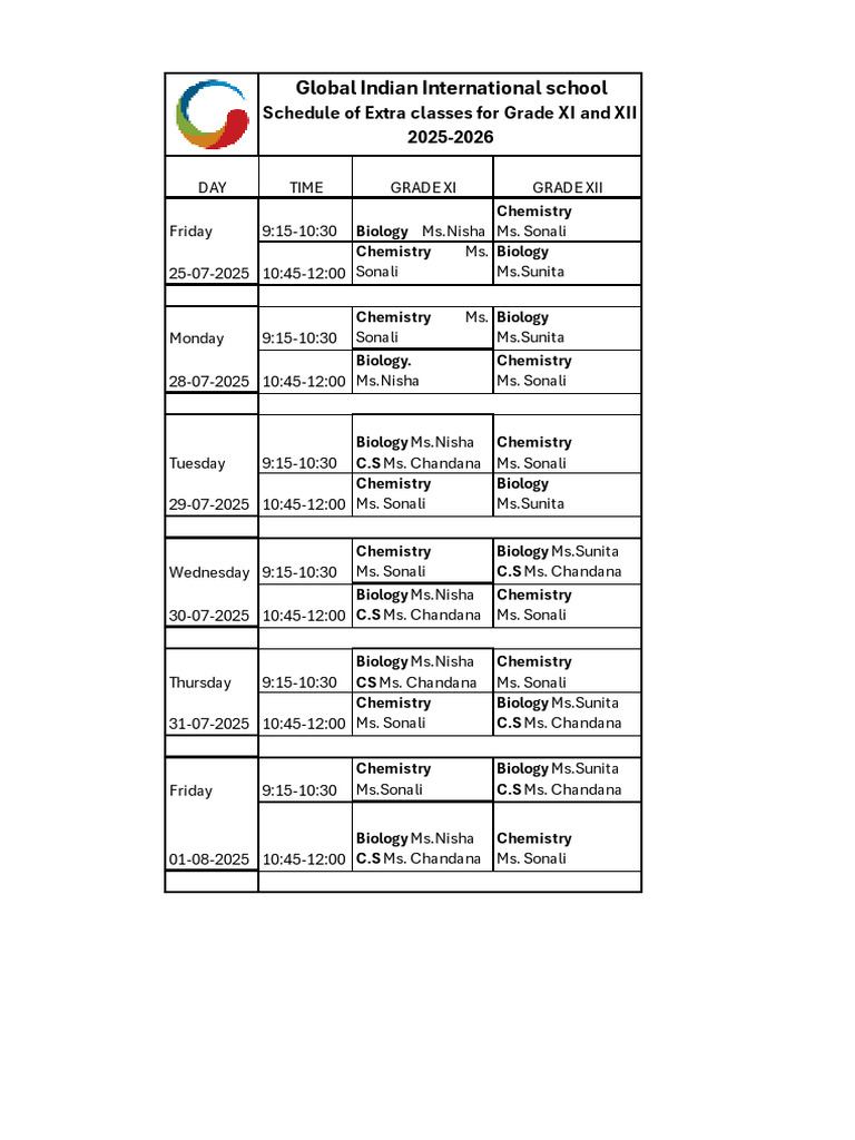 Grade XI & XII Extra Class Schedule 2025 | PDF