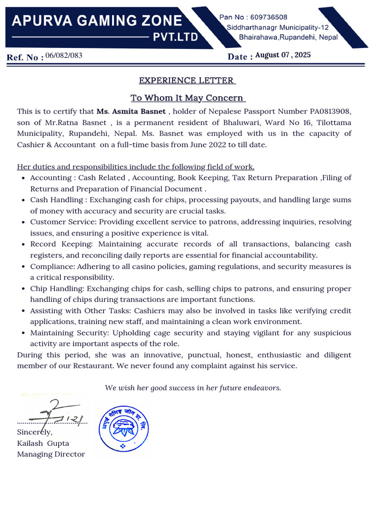 Experience Certificate for Asmita Basnet | PDF