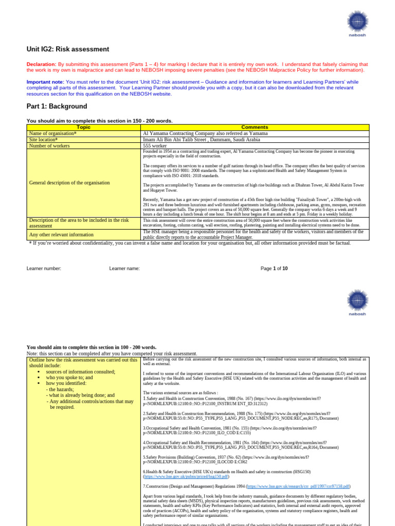 NEBOSH IG2 Risk Assessment Guide | PDF | Occupational Safety And Health ...