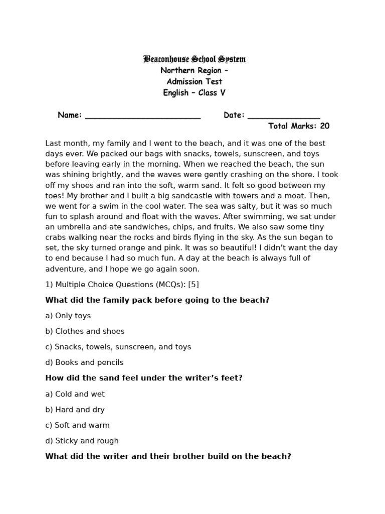 BSS Entry Test Grade 5 | PDF