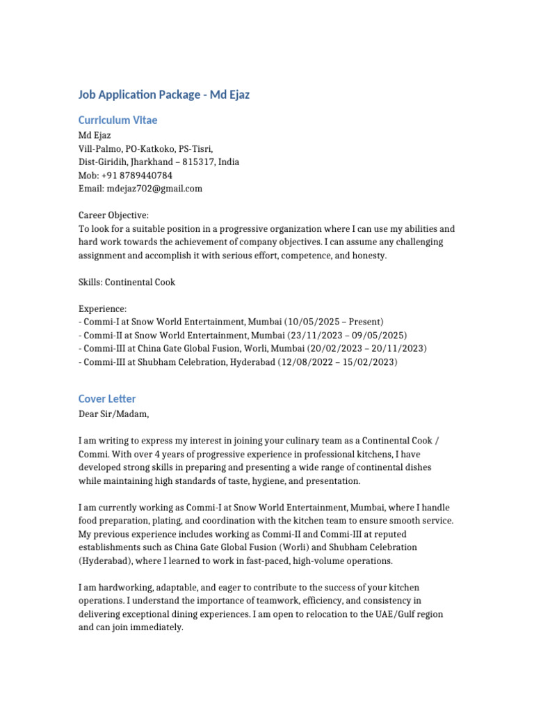 Continental Cook Job Application - Md Ejaz | PDF | Foods | Cooking
