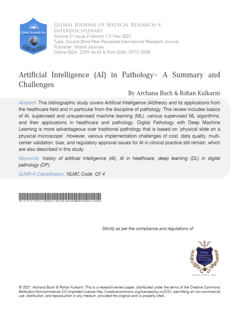 AI Applications in Pathology: Overview & Challenges | PDF | Machine ...